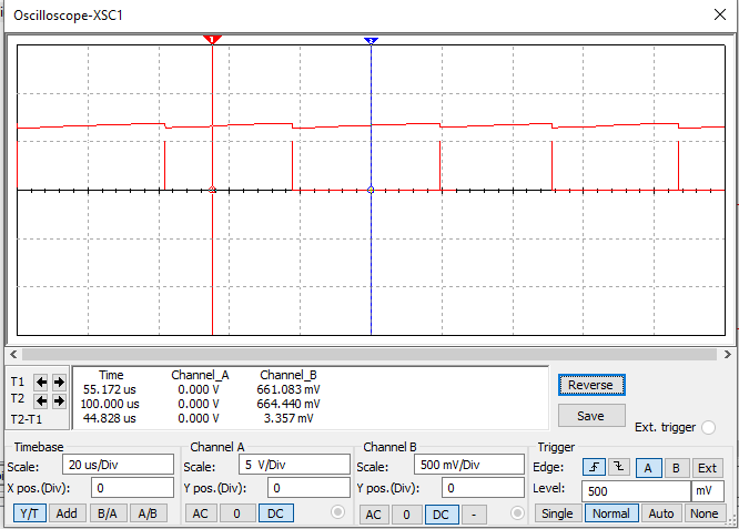 Solved Oscilloscope-XSC1 х T1 T2 Reverse Time 55. 172 us | Chegg.com