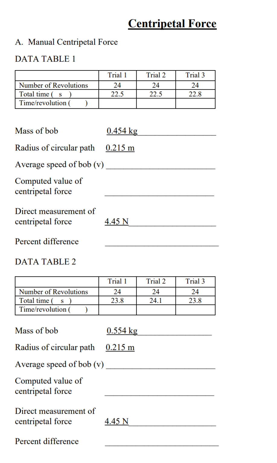 Solved Centripetal Force A. Manual Centripetal Force DATA | Chegg.com