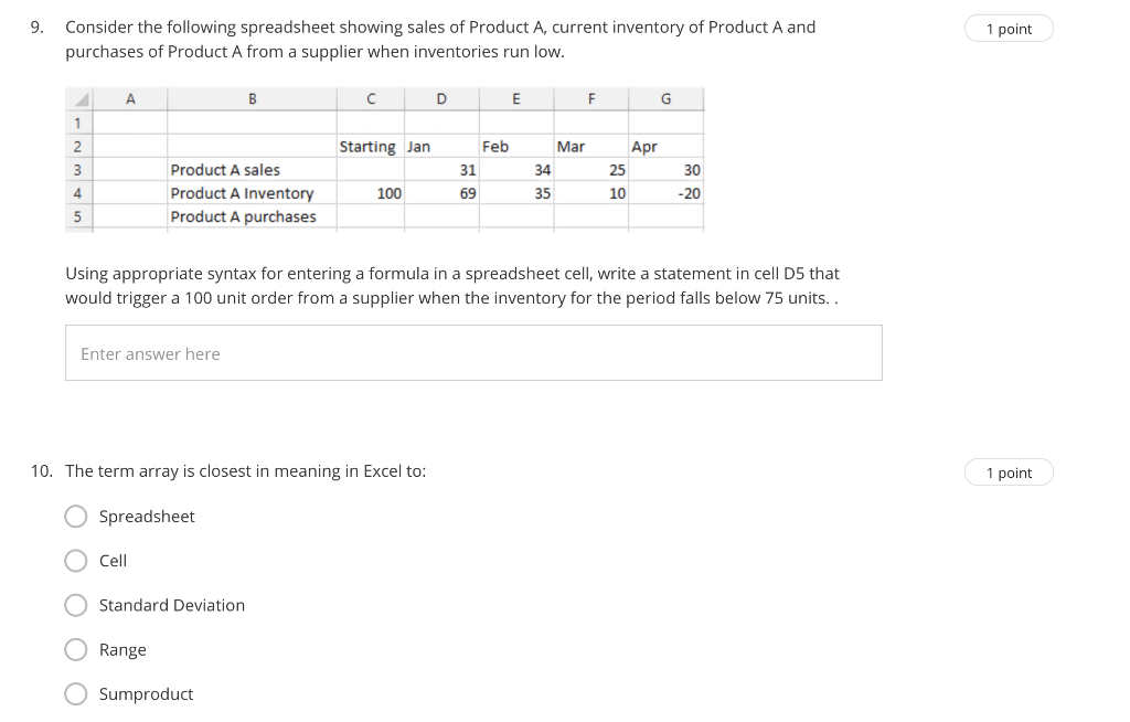 Solved 1 point 9. Consider the following spreadsheet showing | Chegg.com