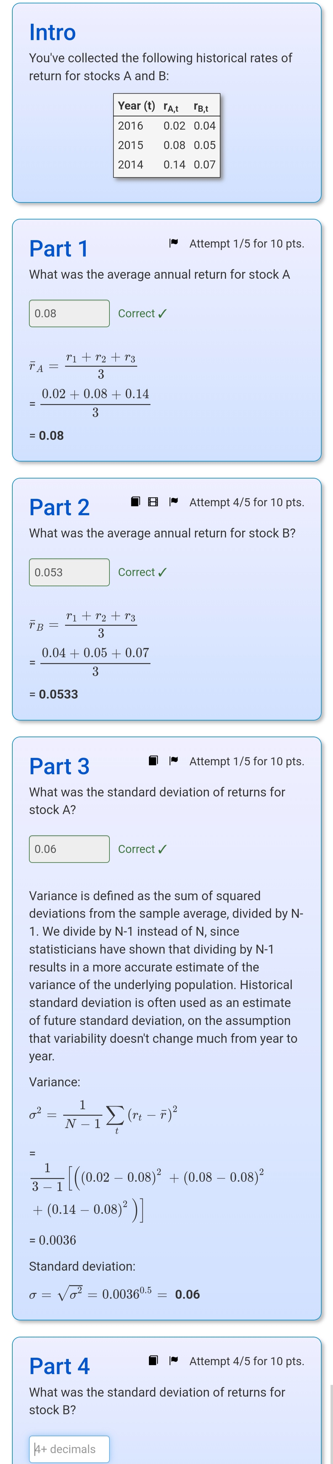 Solved What was the standard deviation of returns for stock | Chegg.com