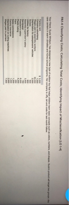 Solved PA1-4 Classifying Costs; Calculating Total Costs:; | Chegg.com