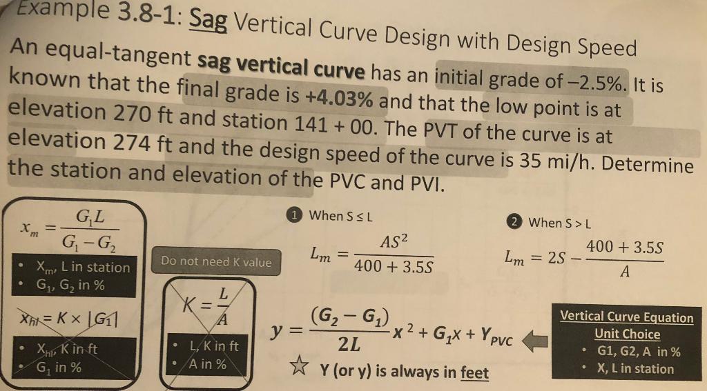 Solved Example 3.8-1: Sag Vertical Curve Design with Design | Chegg.com