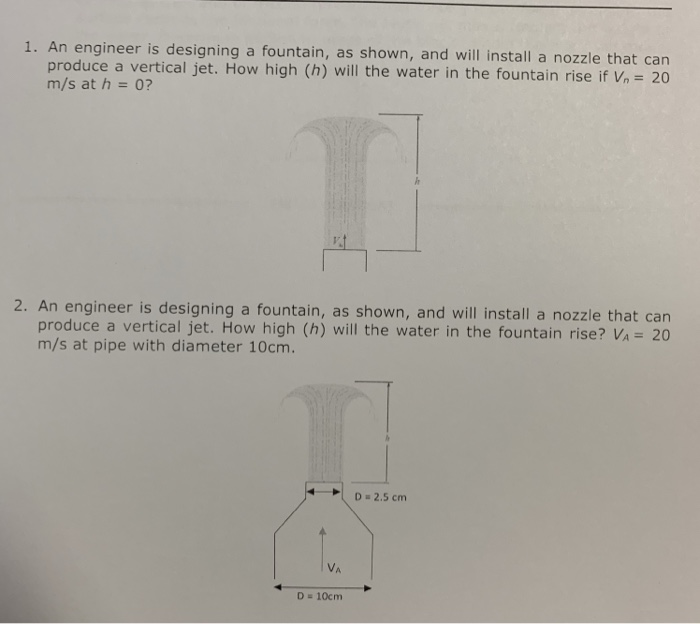 Solved 1. An engineer is designing a fountain, as shown, and | Chegg.com
