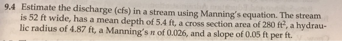 Solved Estimate the discharge (cfs) in a stream using | Chegg.com
