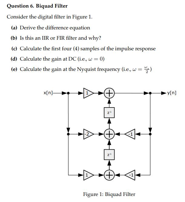 Solved Question 6. Biquad Filter Consider the digital filter | Chegg.com