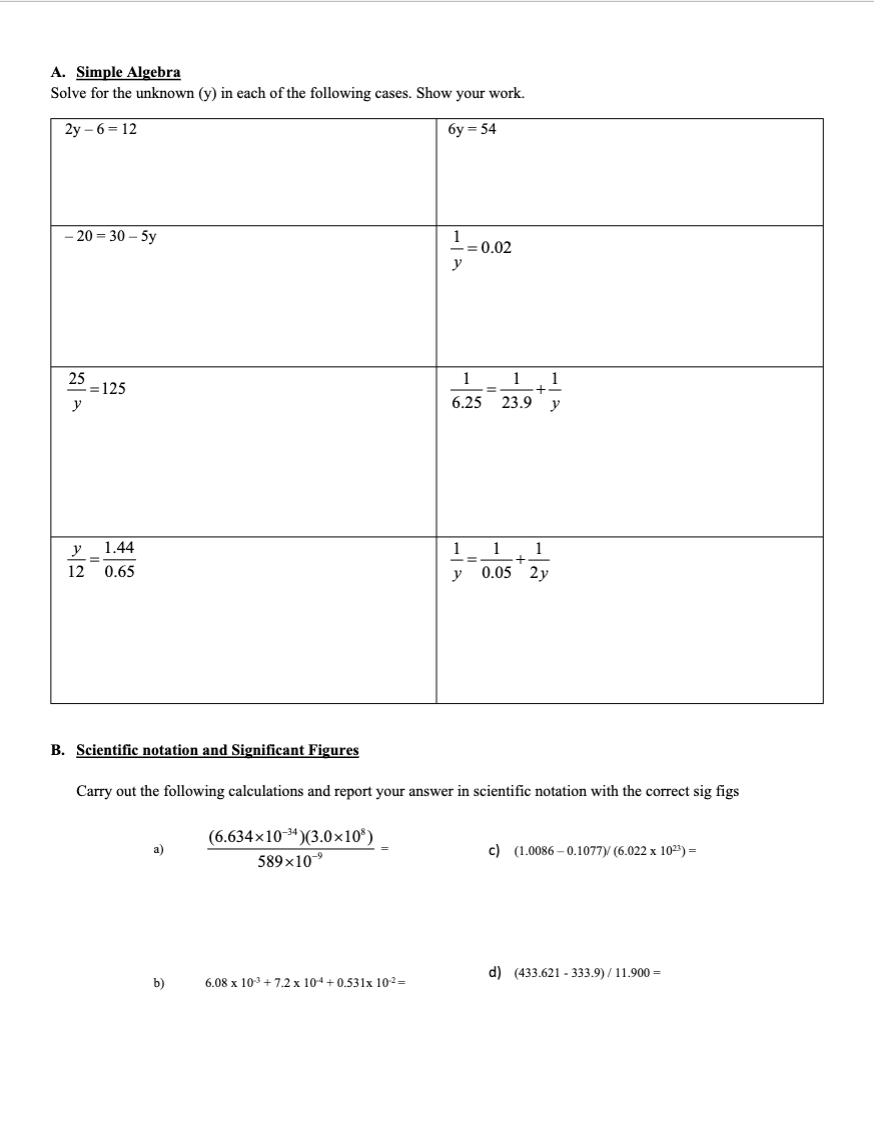 Solved A. Simple Algebra Solve for the unknown (v) in each | Chegg.com