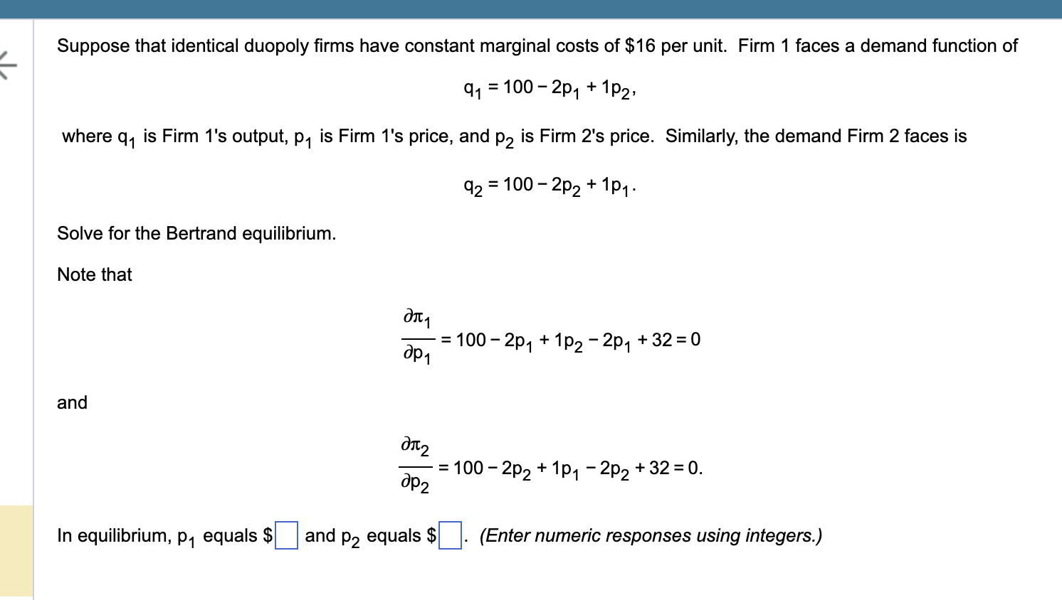 Solved q1=100−2p1+1p2 where q1 is Firm 1's output, p1 is | Chegg.com