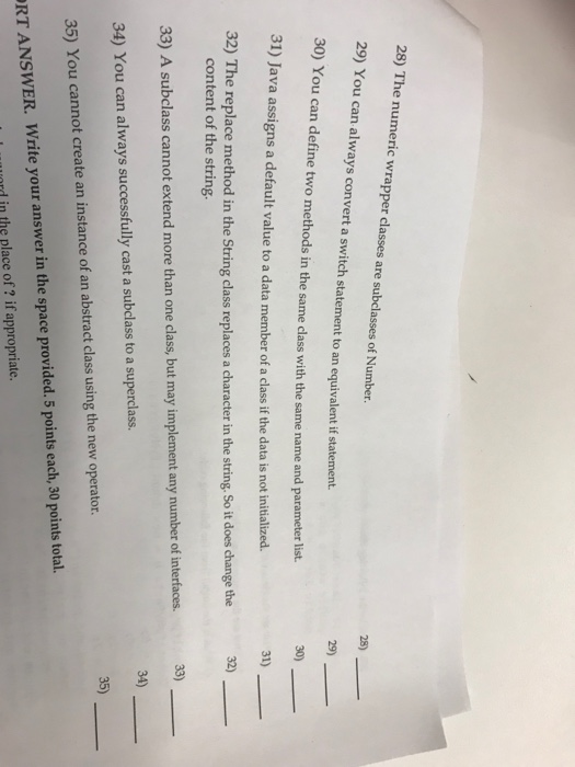 Solved 28 The Numeric Wrapper Classes Are Subclasses Of