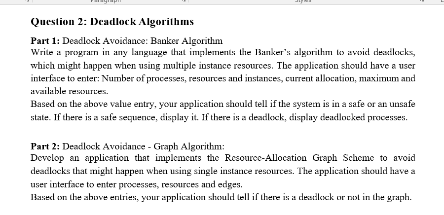 Solved Question 2: Deadlock Algorithms Part 1: Deadlock | Chegg.com