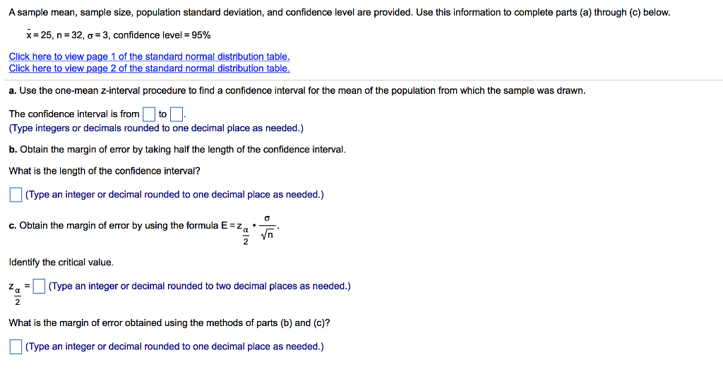 Solved A sample mean, sample size, population standard | Chegg.com