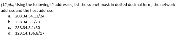 Solved (12 pts) Using the following IP addresses, list the | Chegg.com