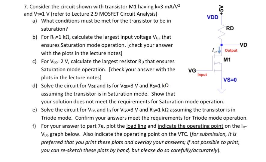 Solved 7. Consider the circuit shown with transistor M1 | Chegg.com