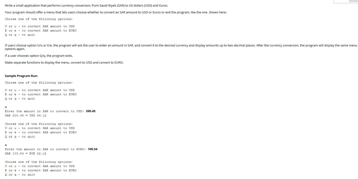 Solved Write a small application that performs currency | Chegg.com