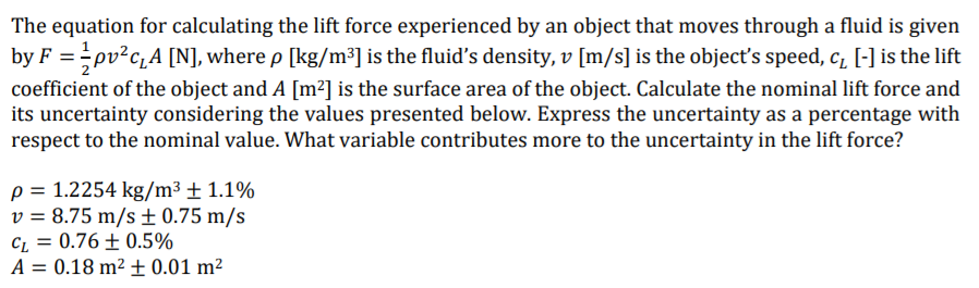 Solved The equation for calculating the lift force | Chegg.com