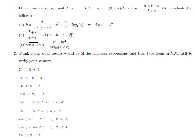 Solved axbxc 1. Define variables a,b,c and d as a = 15,b = | Chegg.com