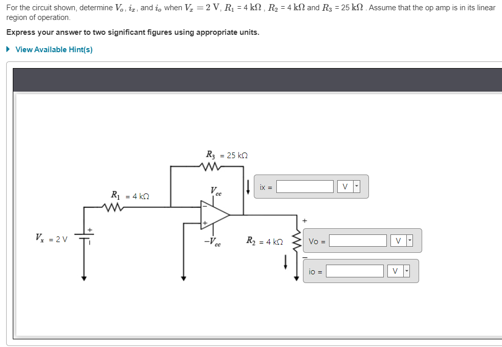 Solved For the circuit shown, determine Vo,ix, and io when | Chegg.com