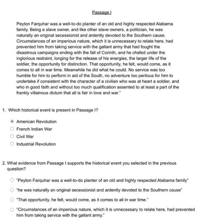 Solved Passage 1 Peyton Farquhar was a well-to-do planter of | Chegg.com