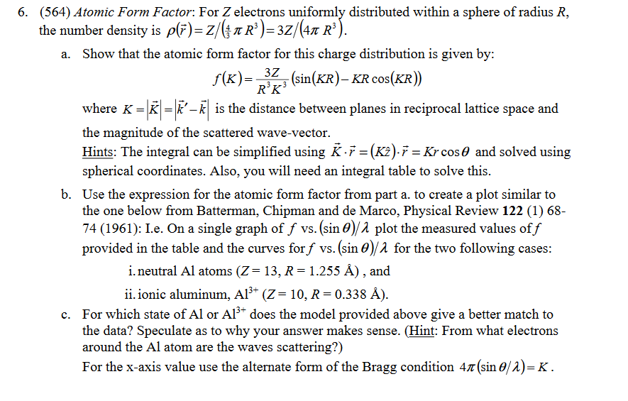 6. (564) Atomic Form Factor: For Z electrons | Chegg.com