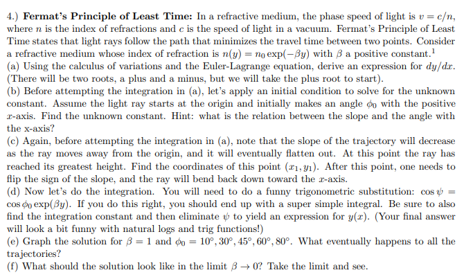 Solved 4.) Fermat's Principle of Least Time: In a refractive | Chegg.com