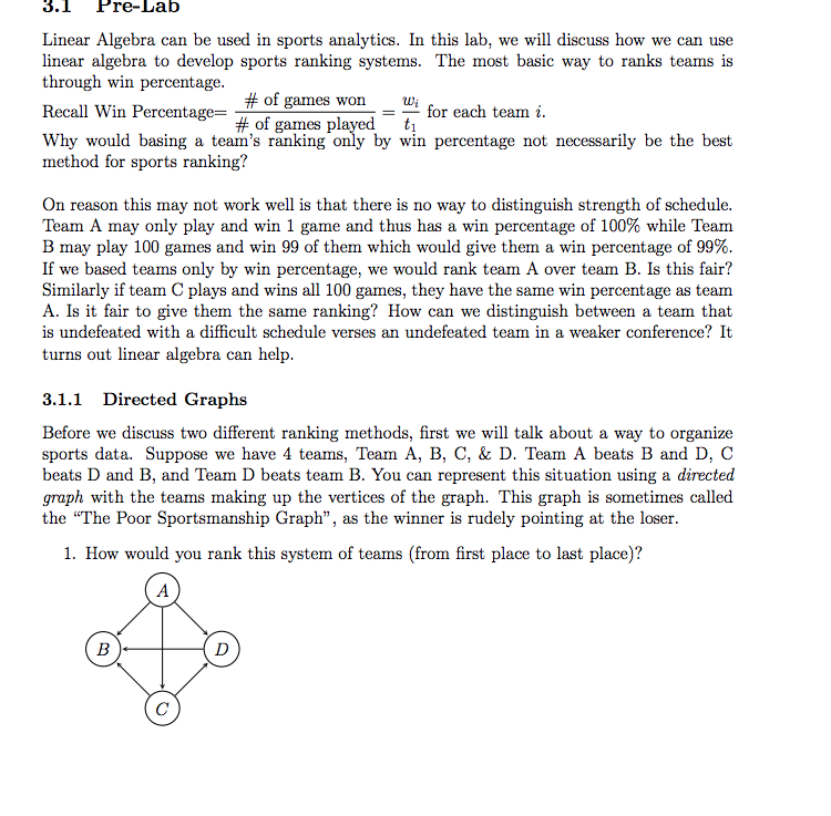 Solved 3.1 Pre-Lab Linear Algebra can be used in sports | Chegg.com