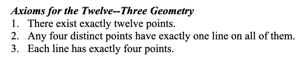 Solved Axioms for the Twelve--Three Geometry 1. There exist | Chegg.com
