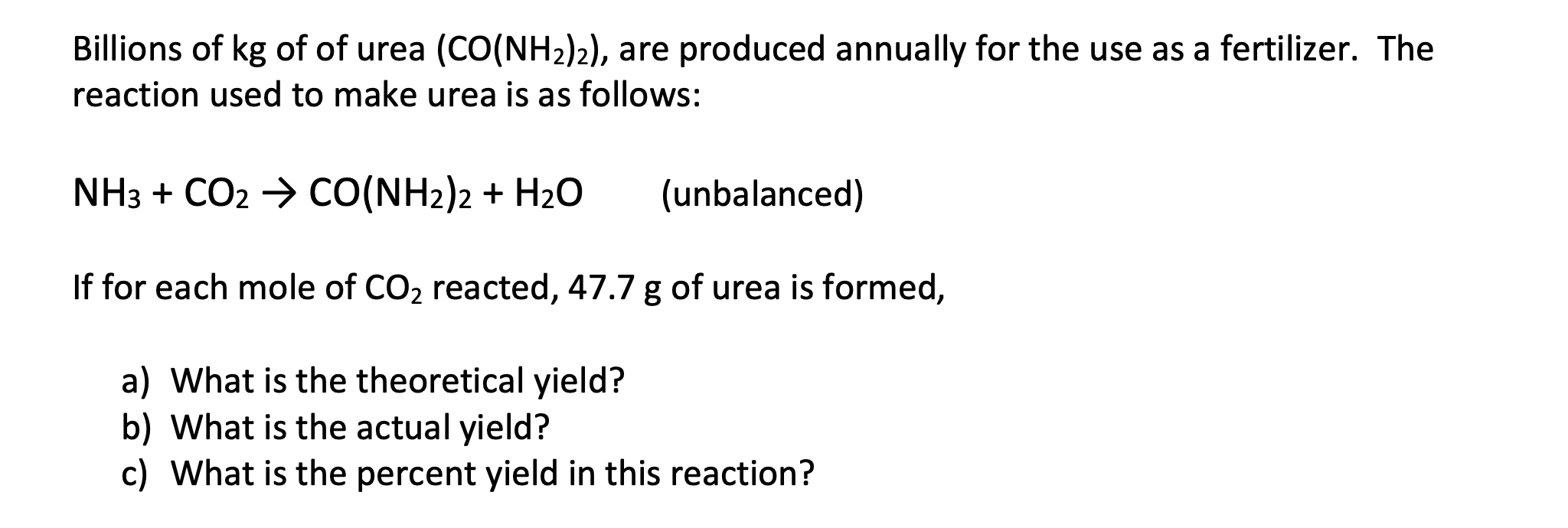 Solved Billions of kg of of urea (CO(NH2)2), are produced | Chegg.com