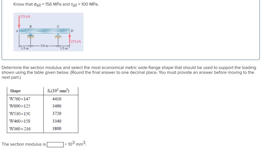 Solved Know that all = 156 MPa and Tall = 100 MPa. | 275 KN | Chegg.com