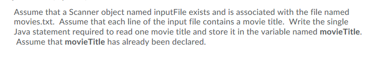 Solved Assume that a Scanner object named inputFile exists | Chegg.com Solved Assume that a Scanner object named inputFile exists | Chegg.com