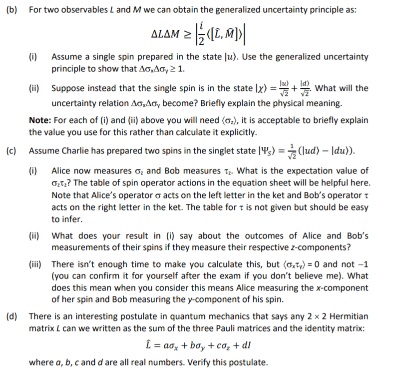Solved (b) For two observables L and M we can obtain the | Chegg.com
