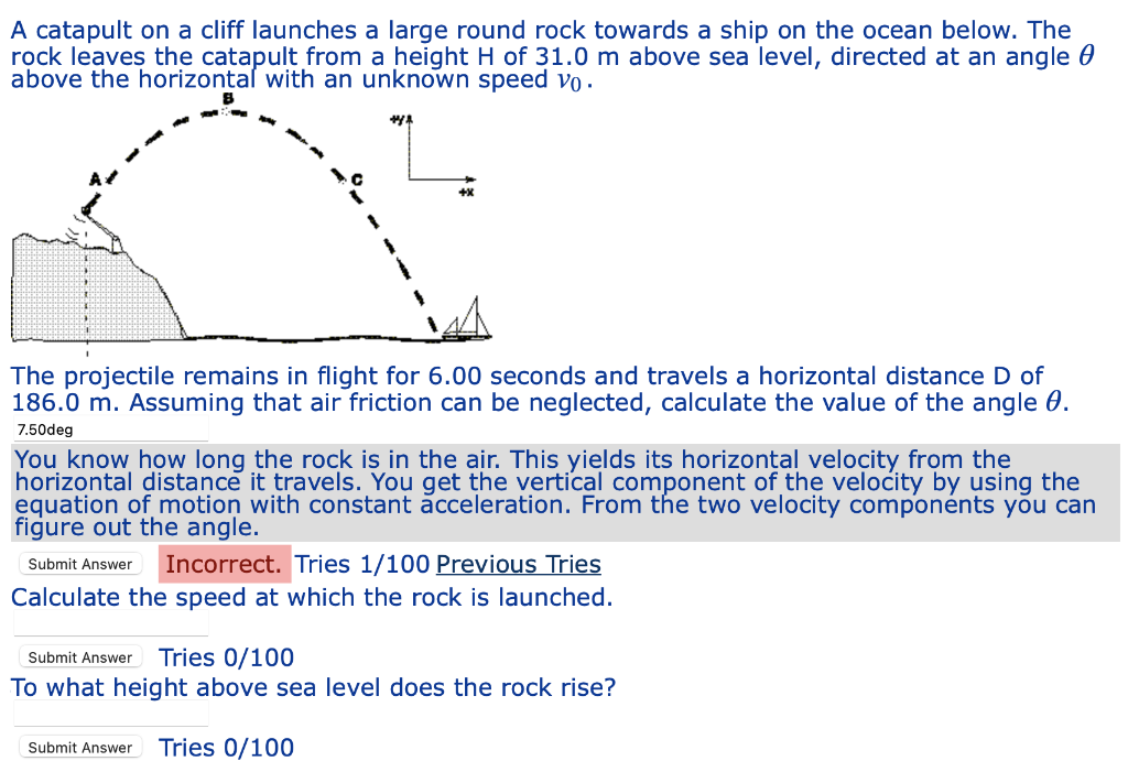 Solved A catapult on a cliff launches a large round rock | Chegg.com