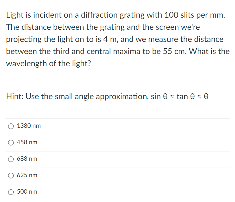 Solved Light is incident on a diffraction grating with 100 | Chegg.com