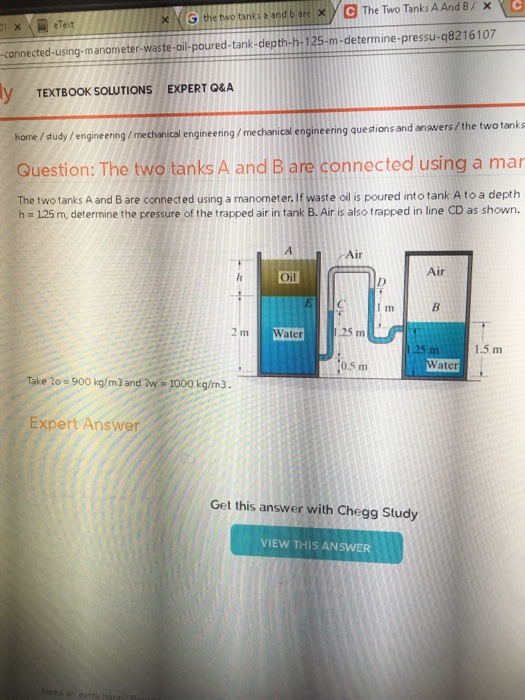 Solved The two tanks A and B are connected using a | Chegg.com