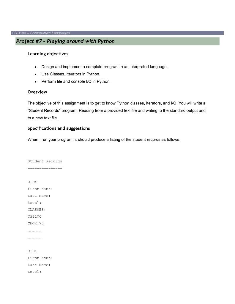 Solved 3180 - Comparafive Languages roject \#7 - Playing | Chegg.com