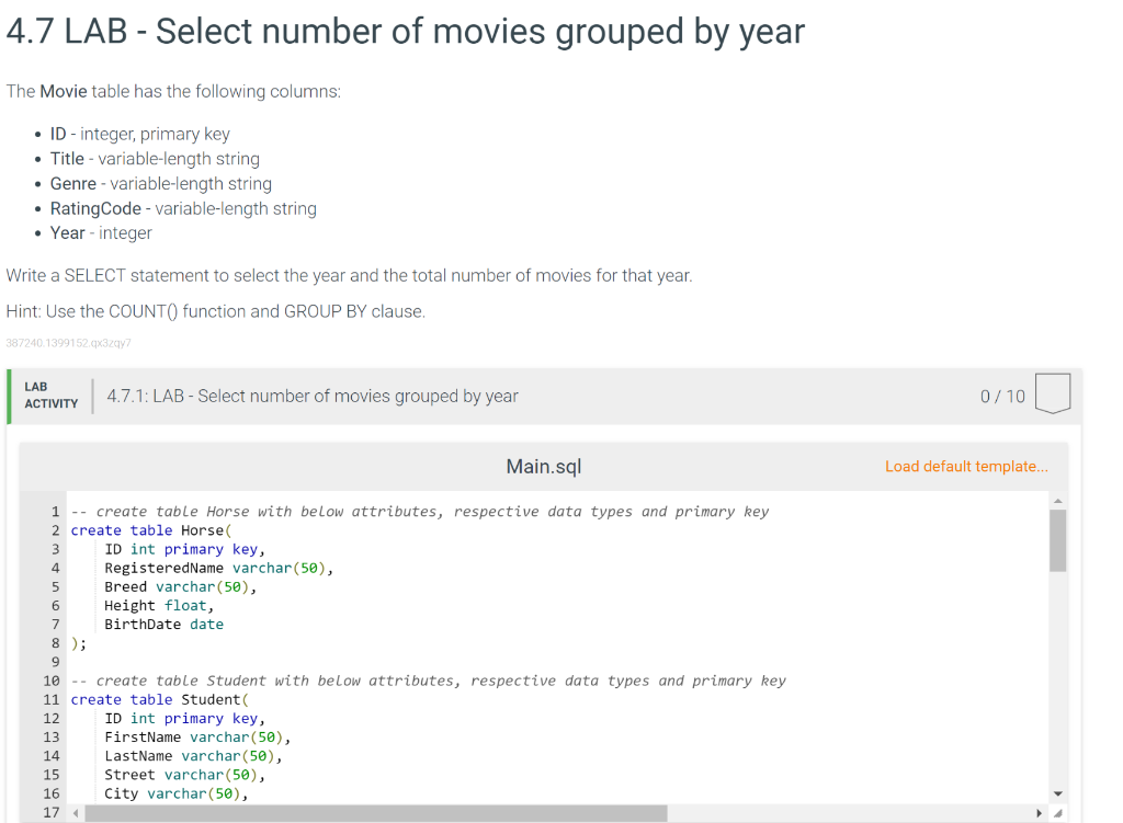 4.7 LAB - Select number of movies grouped by year The | Chegg.com