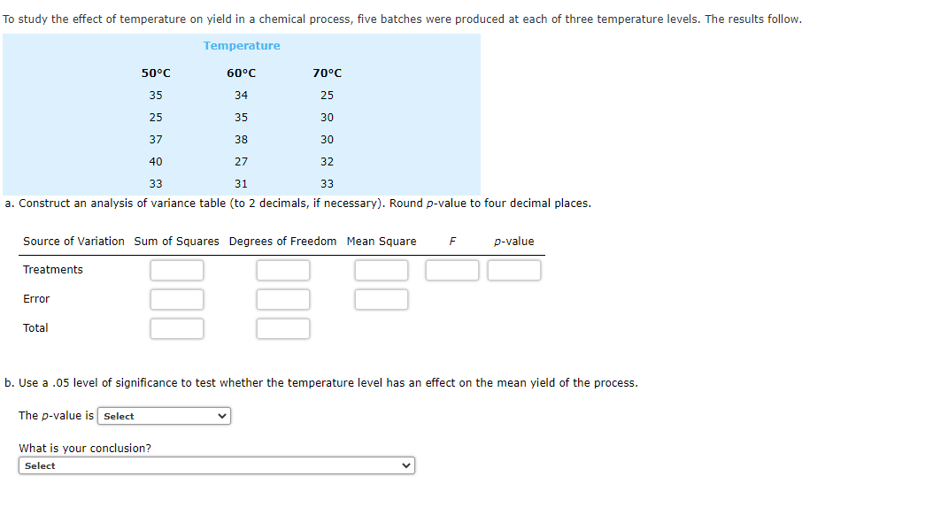Solved To study the effect of temperature on yield in a | Chegg.com