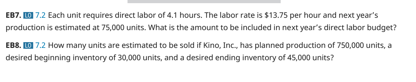 Solved EB7. L0 7.2 Each unit requires direct labor of 4.1 | Chegg.com