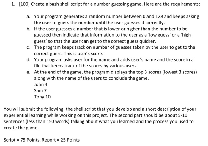 Solved 1 100 Create Bash Shell Script Number Guessing Game Requirements Program Generates 7631