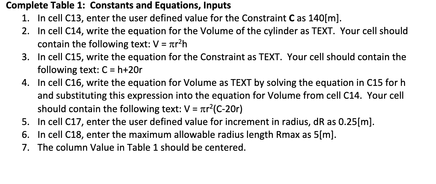 Solved Complete Table 1: Constants and Equations, Inputs | Chegg.com Solved Complete Table 1: Constants and Equations, Inputs | Chegg.com