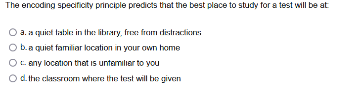 Solved The encoding specificity principle predicts that the | Chegg.com