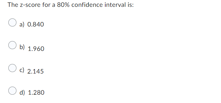 Solved The z-score for a 80% confidence interval is: a) | Chegg.com