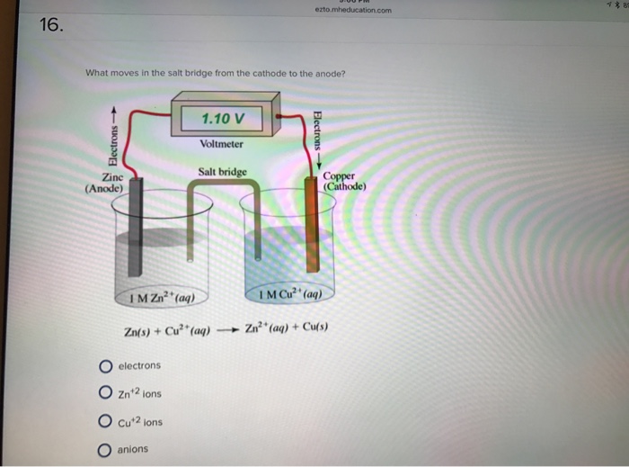 Solved What moves in the salt bridge from the cathode to the | Chegg.com