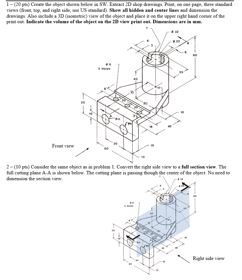 Solved 1-(20 pts) Create the object shown below in SW. | Chegg.com