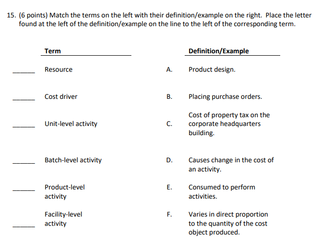 Solved 15. (6 points) Match the terms on the left with their | Chegg.com