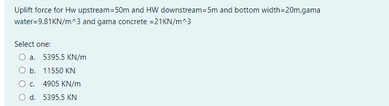 Solved Uplift force for Hw upstream=50m and HW downstream=5m | Chegg.com