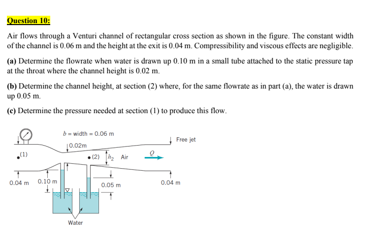 Solved Question 10: Air flows through a Venturi channel of | Chegg.com