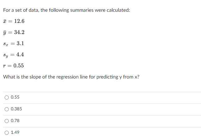 Solved For a set of data, the following summaries were | Chegg.com