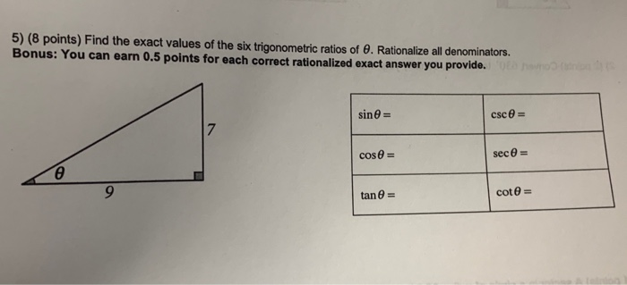 Solved 5) (8 points) Find the exact values of the six | Chegg.com