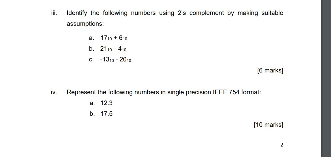 iii. Identify the following numbers using 2's | Chegg.com
