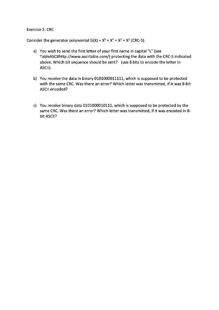 Solved Exercise 2: CRC Consider the generator polynomial | Chegg.com