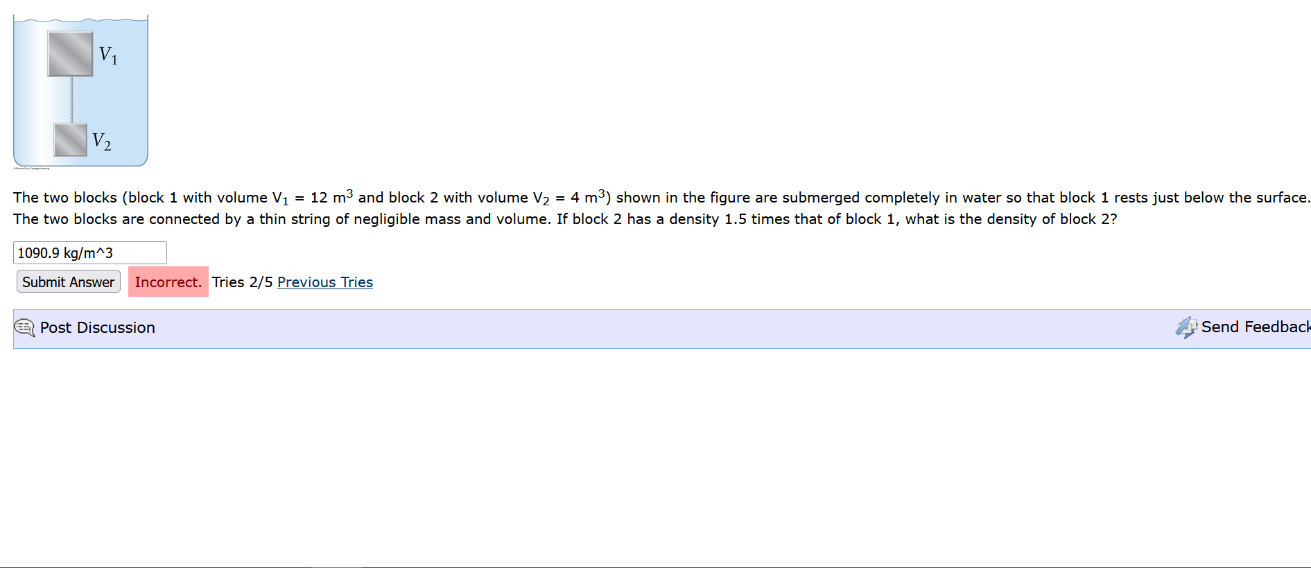 Solved V1 V2 The two blocks (block 1 with volume V1 = 12 m3 | Chegg.com